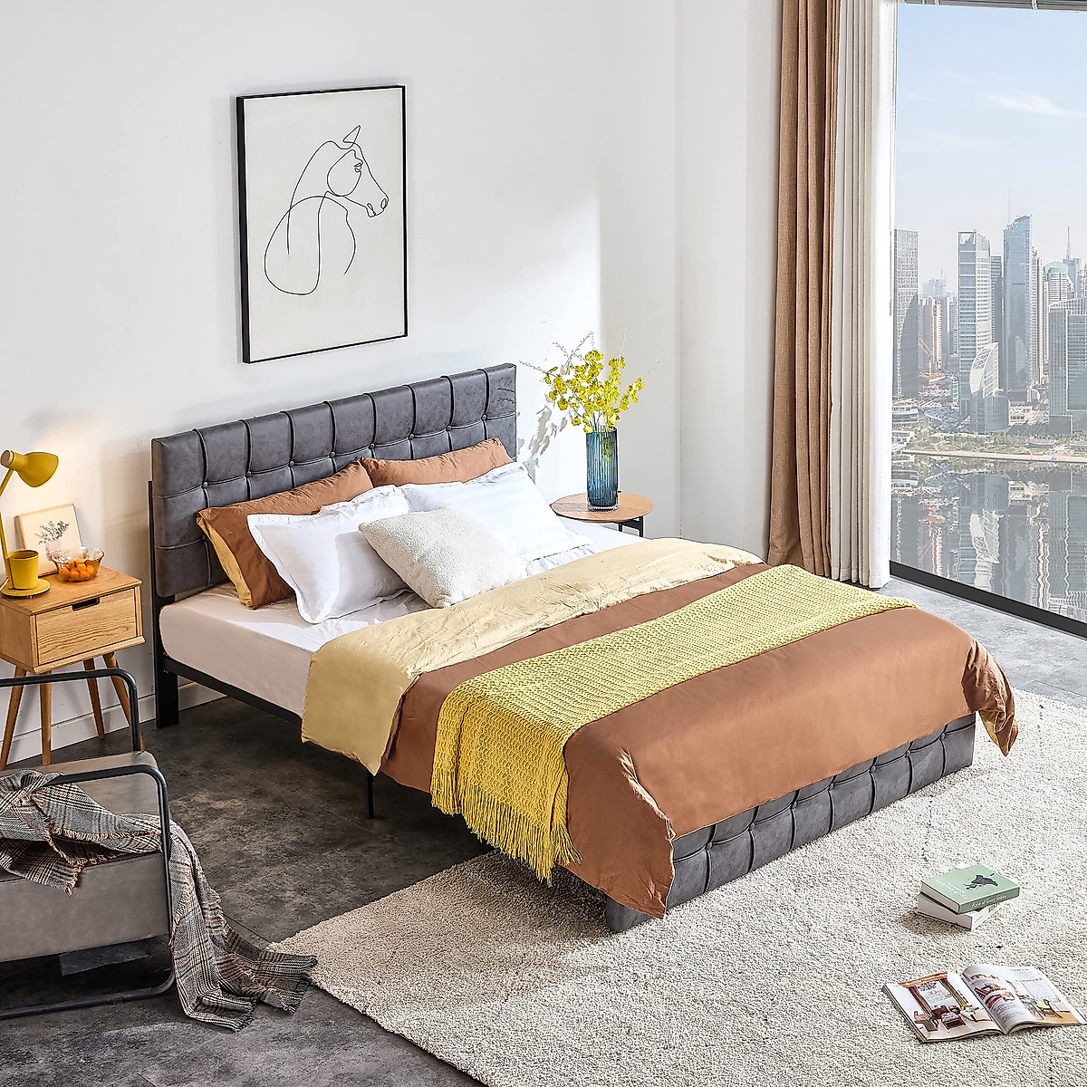 GINGVAT Queen Size Upholstered Platform Bed Frame with Lights and Height Adjustable Headboard, Fashion Square Stitched Button Tech Cloth, Modern Bedroom Furniture, Grey