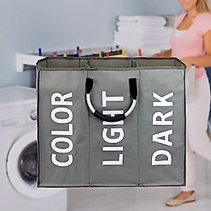 Meideli Laundry Basket 3 Section with Handles Foldable Dirty Clothes Hamper for The Bedroom Living Room Laundry Room Dark Gray