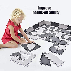 FUN LITTLE TOYS 36PCS Foam Play Mats for Baby, Soft Foldable Interlocking Foam Floor Tiles Puzzle Mat with Fence for Kids Toddlers Childrens Playpen Playroom Crawling 56 x 56 Grey