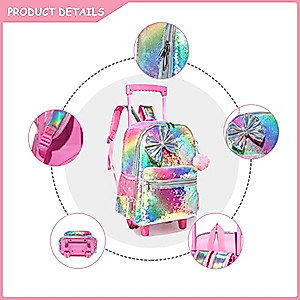 Oruiji Sequin Rolling Backpack for Girls Backpack with Wheels Wheeled Backpack and Lunch Bag Set for Elementary Girls