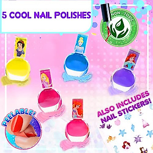 Townley Girl Disney Princess Sparkly Cosmetic Makeup Set for Girls with Lip Gloss Nail Polish Nail Stickers - 11 Pcs|Perfect for Parties Sleepovers Makeovers Birthday Gift for Girls 3+