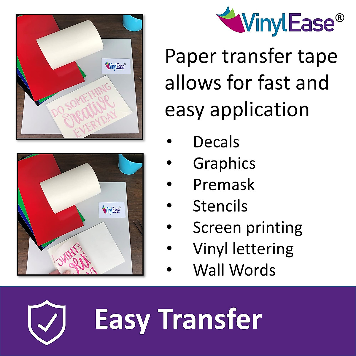 Vinyl Ease 6 inch x 100 feet roll of Paper Transfer Tape with a Medium to High Tack Layflat Adhesive. Works with a Variety of Vinyl. Great for Decals, Signs, Wall Words and More. American Made V0820