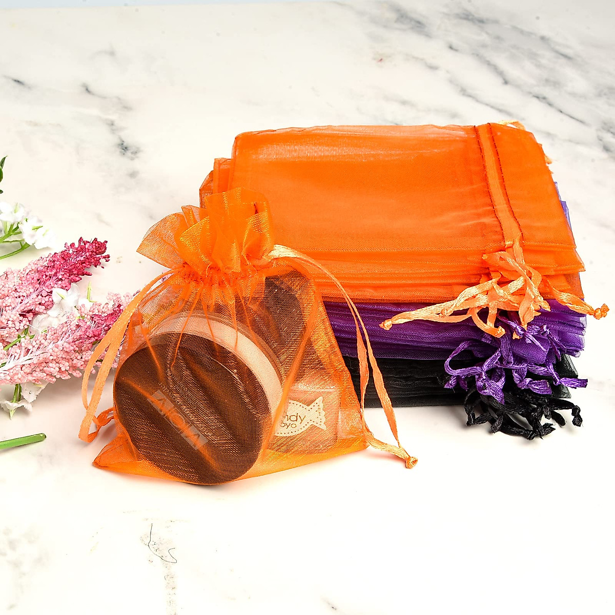 choyaxo 150PCS Organza Bags Satin Drawstring Halloween Christmas Valentine's Day Candy Jewelry Bags for Wedding Party Birthday (black-purple-orange)