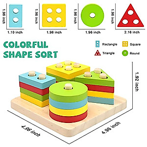 Montessori Toys for 1 2 3 Year Old Boys Girls Gifts, Wooden Sorting and Stacking Toys for Toddlers 1-3, Educational Learning Toys for Preschool Kids, Color Recognition Shape Sorter Puzzles for Baby