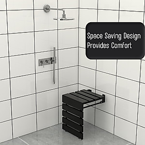 Folding Wall Mounted Teak Wood Handmade Shower Seat, Inside Shower Bathroom Stool for Seniors Disabled Pregnant Handicapped, Foldable Water Resistant Outdoor Bench (Black)