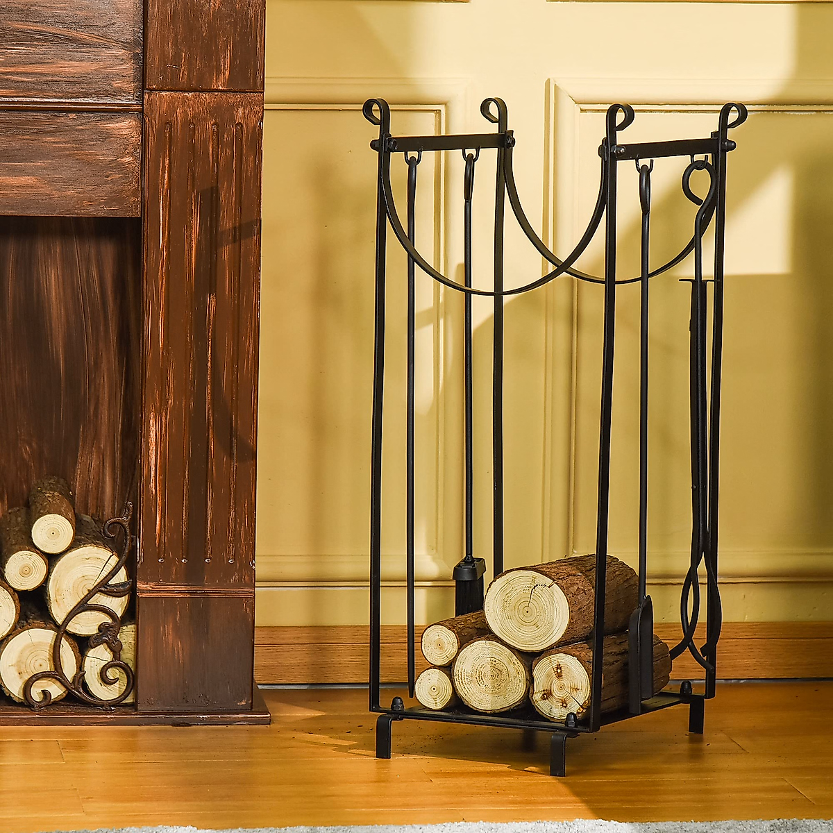 Outsunny Firewood Rack with Fireplace Tools, Indoor Outdoor Firewood Holder, 30.25" Tall Build with 2-Tiers for Fireplace, Wood Stove, Hearth or Fire Pit, Includes Poker, Tongs, Broom, Shovel, Black