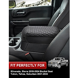 KBH Center Console Armrest Cover for Chevy Chevrolet Silverado, GMC Sierra 2019-2024, Tahoe, Suburban, Yukon 2021-2024, Vinyl Leather Console Lid Cushion, Anti-Scratch, Bucket Seat, Black