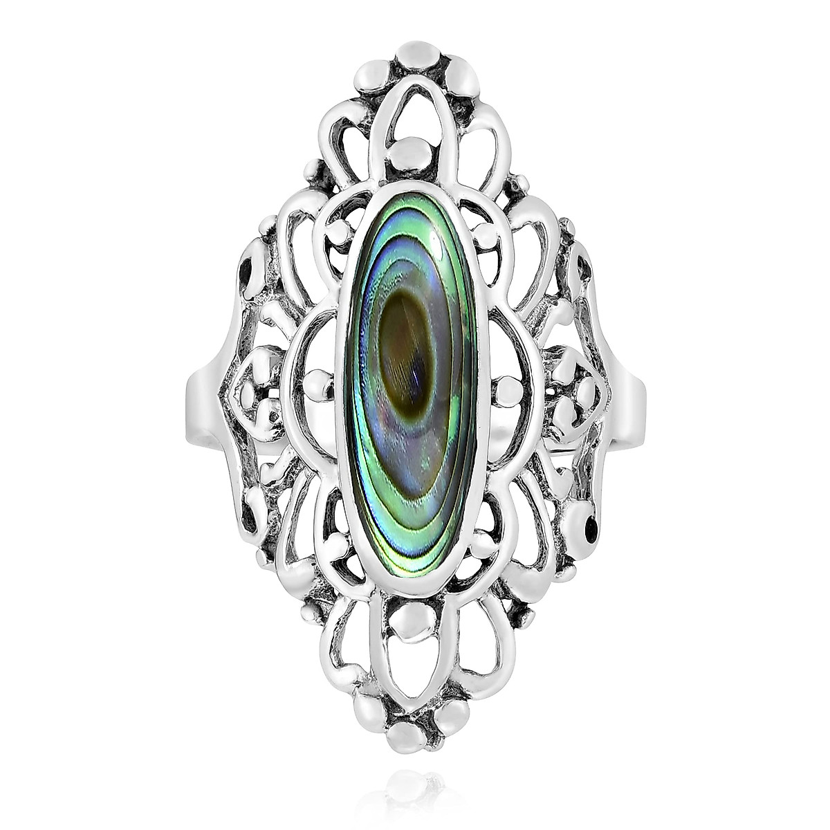 AeraVida Heart Filigree Oval Abalone Shell .925 Sterling Silver Ring
