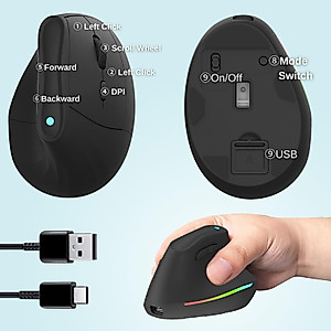 eirix Ergonomic Vertical Wireless Mouse: Rechargeable RGB Ergo Mouse with 3200 Adjustable DPI, Removable Palm Rest, Compatible with Windows and MAC OS