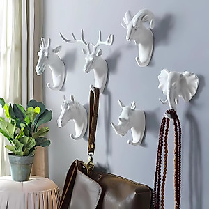 LDZBUOM 6 Pack Creative Wall Hooks,Antlers,Elephant, Rhino, Horse, and Sheep Single Wall Hook,Hooks Wall Mounted for Coat, Bag, Towel, Key, Mounted Coat Decorative Wall (Gold)