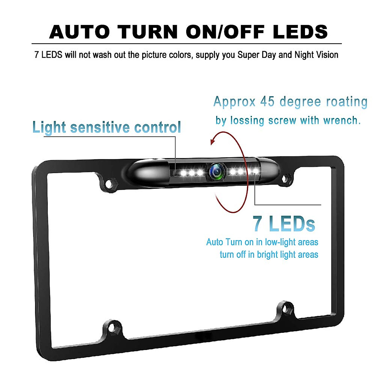 GLK License Plate Backup Camera HD Front Rear View Reverse Camera with 7 LED Night Vision 170 Degree Viewing Angle, Waterproof, for Cars