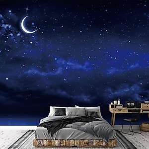 SIGNWIN Wall Mural Stars and Moon in Night Sky Removable Self-Adhesive Wallpaper Wall Decoration for Bedroom Living Room - 66x96 inches
