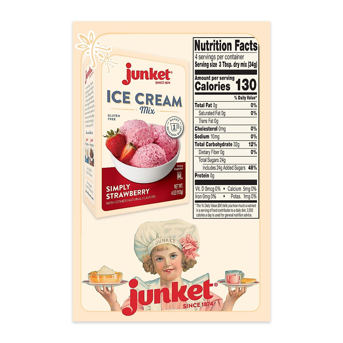 Junket Strawberry Ice Cream Mix: Makes 6 Quarts Old Fashioned Homemade Ice Cream for Ice Cream Maker or Hand Stir - Just Add Milk and Cream, Chill, and Enjoy. Quick and Easy! 4 oz Box of Powdered Ice