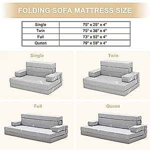 Lazyzizi Sleep 4 Inch Foldable Mattress, Portable Floor Mattress Couch with Headrest, Washable Cover, Foldable Foam Couch Queen for Guest Bed, Folding Sofa Bed, Camping, Road Trip， Light Grey