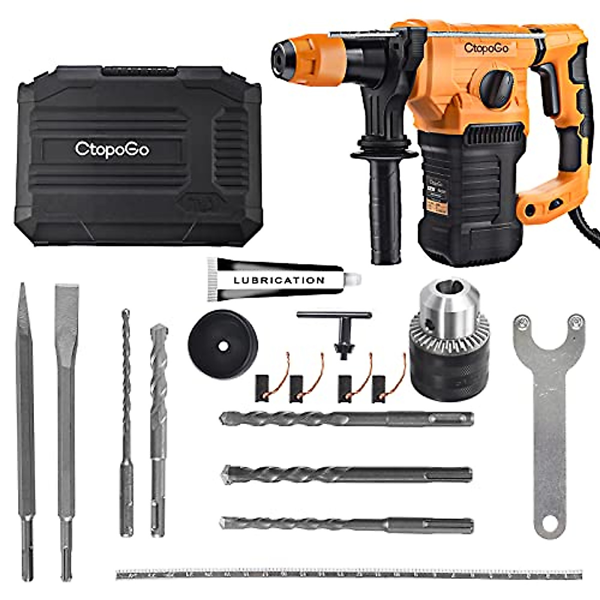 1-1/4 Inch SDS-Plus 12.5 Amp Heavy Duty Rotary Hammer Drill 4 Functions W/Vibration Control Safety Clutch Includes Drill Chuck& Key, Grease, Flat& Point Chisels, 5 Drill Bits, Gloves, Carrying Case