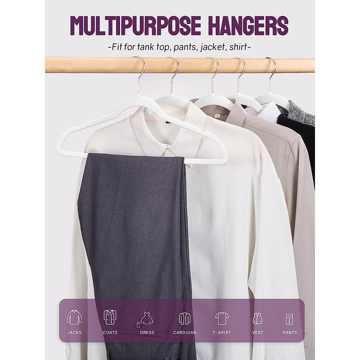 Jersow Hangers Velvet - 50 Pack, Non-Slip Velvet Hangers with 360 Degree Swivel Hook, Space Saving Felt Hangers Heavy Duty Enough for Suit Hangers, Coat Hangers, Dress Hangers, Skirt Hangers (White)