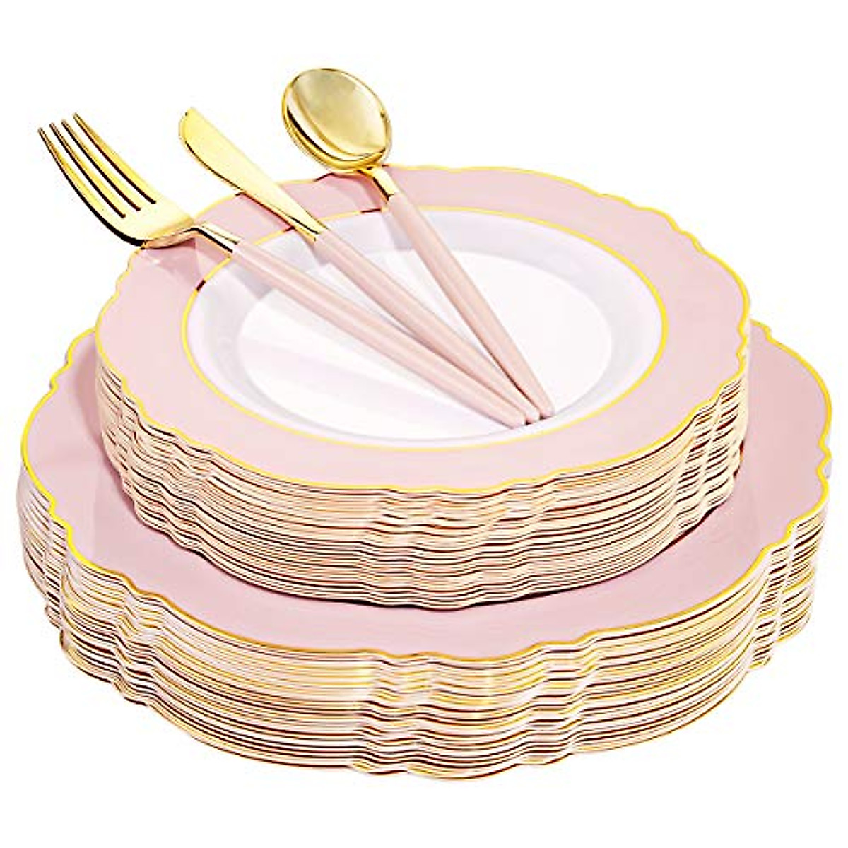 WDF 30Guest Pink Plastic Plates & Gold Plastic Silverware With Pink Handle-Baroque Pink &Gold Plastic Dinnerware for Upscale Wedding &Parties, Mother's Day
