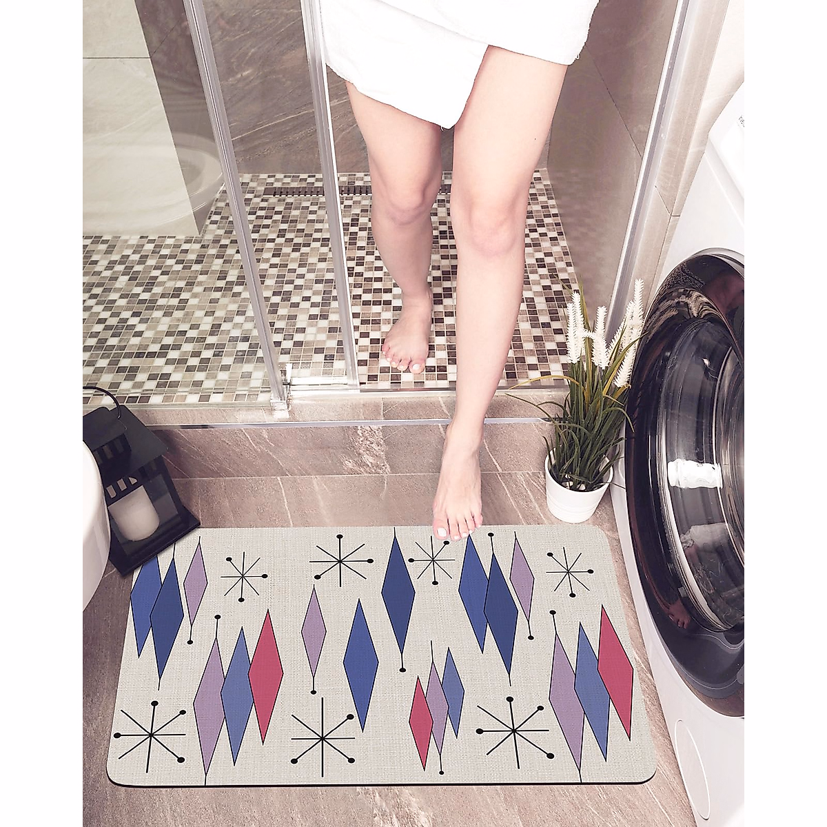 Bath Mat Mid-Century Geometry Purple Rose Red Diamond Pattern Super Quick Dry Diatom Mud Bath Rugs Non-Slip Floor Mats for Bathtub Shower Room Sink, 16x24In