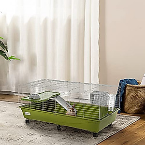 PawHut 47" Small Animal Cage Chinchilla Guinea Pig Hutch Ferret Pet House with Platform Ramp, Food Dish, Wheels, & Water Bottle