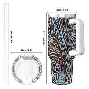Xiexide 40oz Stainless Steel Hiking Rustic Western Country Turquoisen Cowboy Tooled Leather Double Walled Vacuum Insulatedith Handle And Straw,Hot & Cold Drinks