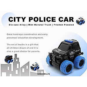 SEESWELL Pull Back Die-cast Alloy City Police Car Vehicles Playset, Monster Truck,Friction Powered Toy Cars,4 Pack,Toys for 3+ Years Old Kids,Christmas/Birthday Gift for Boys & Girls,Party Favors…