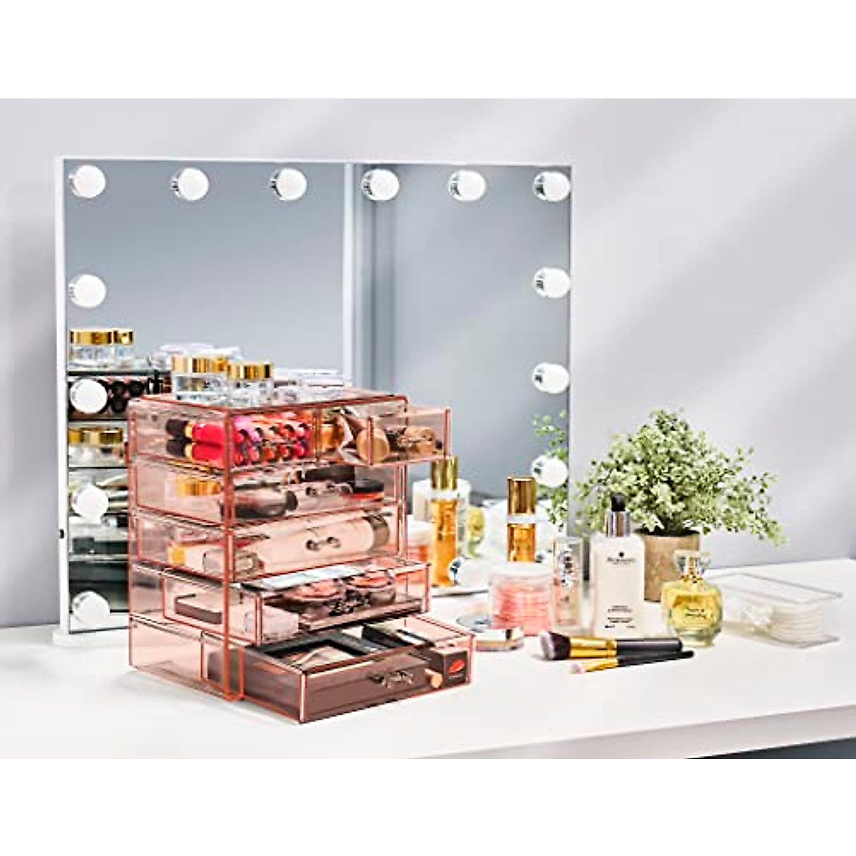 Sorbus Acrylic Clear Makeup Organizer - Big & Spacious Cosmetic Display Case - Stylish Designed Jewelry & Make Up Organizers and Storage for Vanity, Bathroom (4 Large, 2 Small Drawers) [Pink]