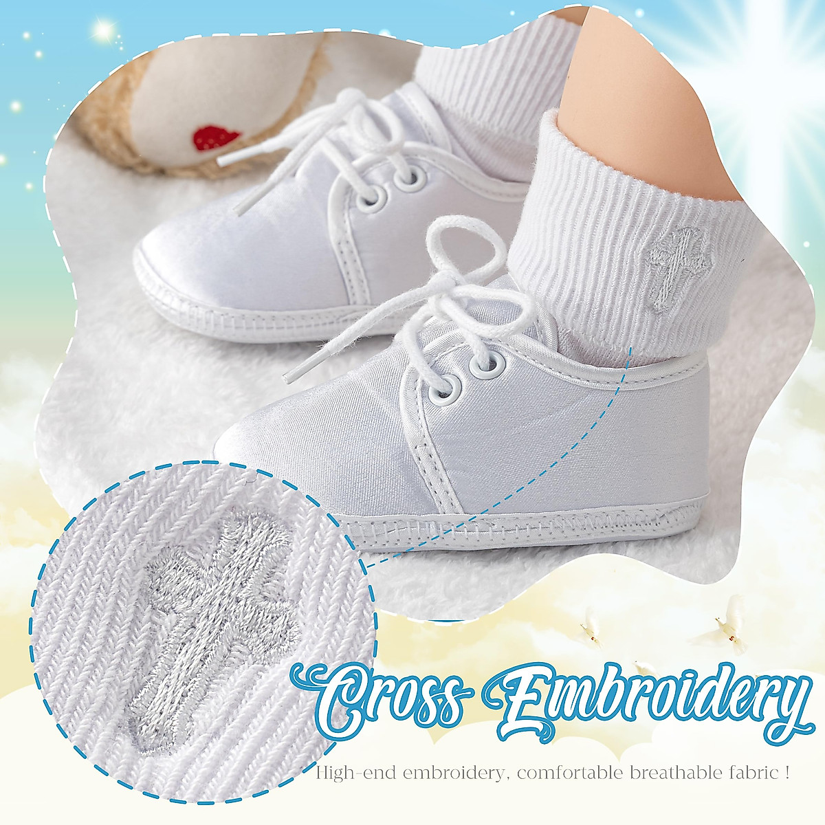 Booulfi White Newborn Socks for Boys 2 Pairs Packed Cross Embroidery Baby Socks 6-12 Months Organic Cotton Baby Socks For Baptism Christening