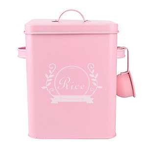 Luzhengyang Large Pink Metal Storage Tin Canister Bucket with Lid and Scoop for 50lbs Rice and Laundry Detergent Powder - Retro Galvanized Rice Dispenser for Emergency Food Storage