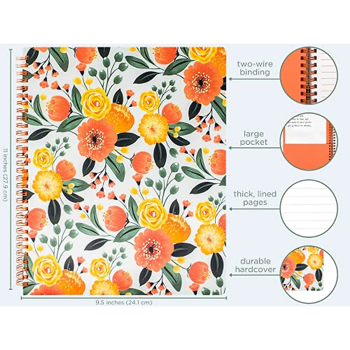 Steel Mill & Co Cute Large Spiral Notebook College Ruled, 11" x 9.5" with Durable Hardcover and 160 Lined Pages, Orange Floral