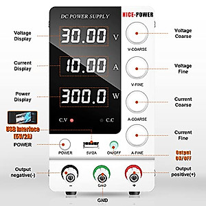 NICE-POWER DC Power Supply Variable Regulated Switching Adjustable 4-Digital Display Adjustable Lab Bench Power Supply, Output Enable/Disable Button (Side Display 30V/10V)