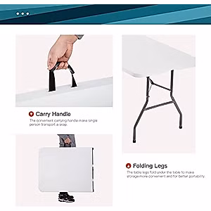 FDW Folding Tables, Plastic 6ft Folding Table,Half Portable Foldable Table for Parties, Backyard Events,White