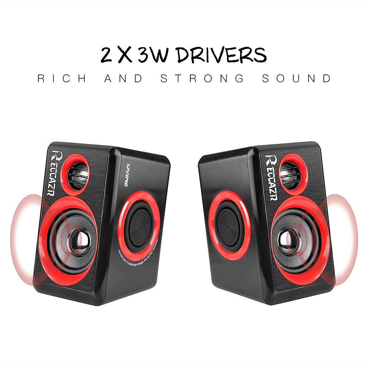 Computer Speakers, 2.0 CH PC Speakers with Surround Sound, USB Wired Laptop Speakers with Deep Bass for Desktop Computer/PC/Laptops/Smart Phone Build-in 4 Loudspeaker Diaphragm Reccazr SP2040|RED