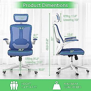 balmstar Ergonomic Office Chair, Home Office Desk Chair with Adjustable Headrest & Lumbar Support, Swivel High Back Computer Chair, Breathable Mesh Desk Chair, PU Silent Wheels, Flip-Up Arms (Blue)