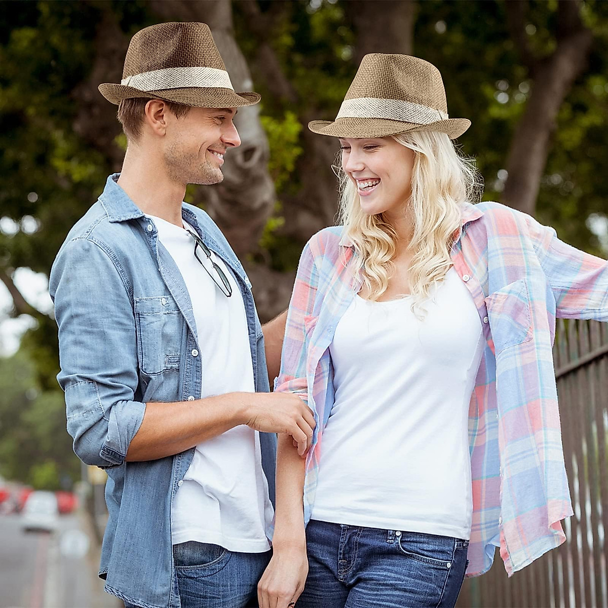 Forwe 4 Pack Straw Fedora Hat for Men Women Short Brim Trilby Hat Classic Panama Summer Beach Sun Hat (B-01)