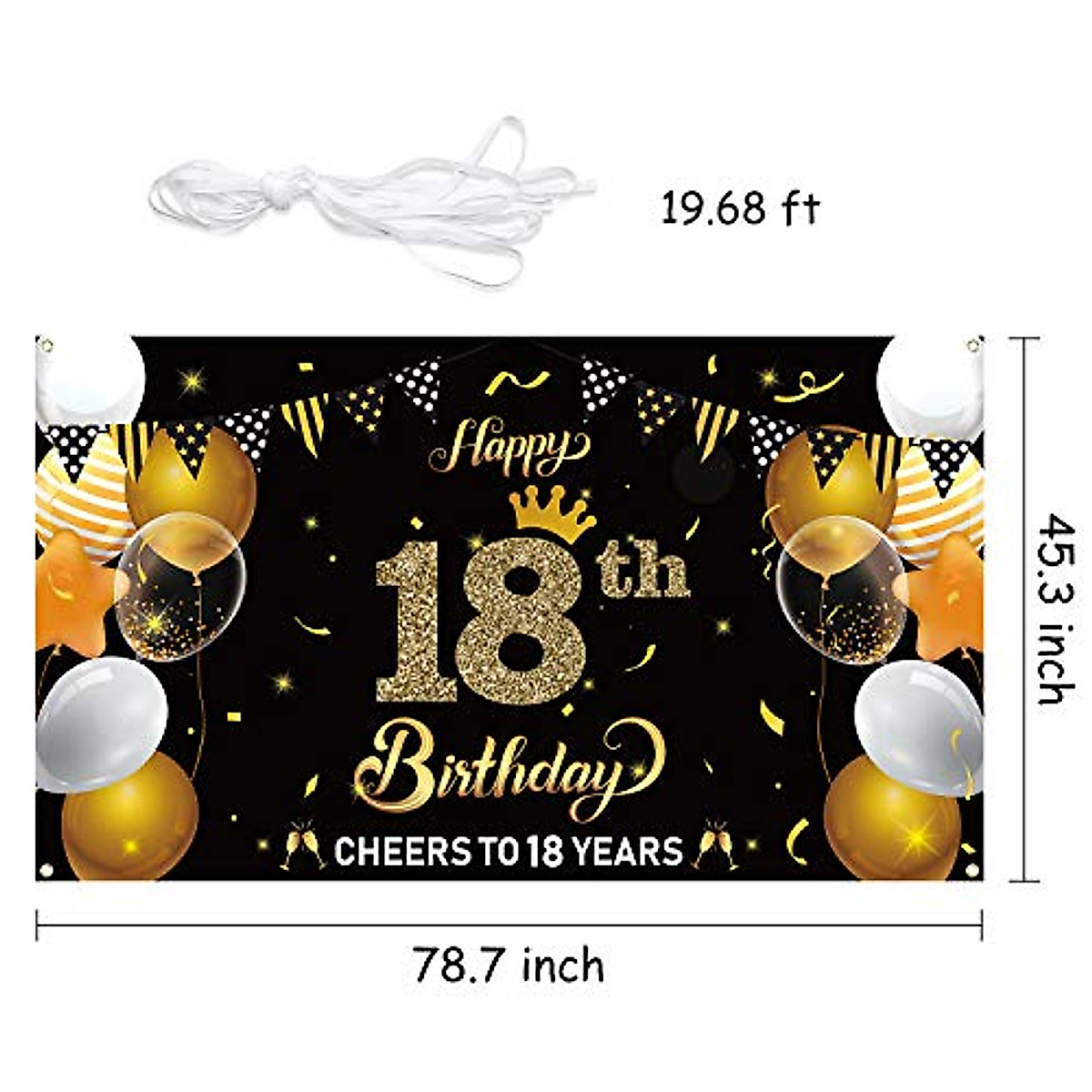 WATINC Happy 18th Birthday Backdrop Banner Cheers to 18 Years Background Banners 78” x 45” XtraLarge Backdrops Balloons Black Gold Party Decorations Supplies for Indoor Outdoor Photo Booth Props