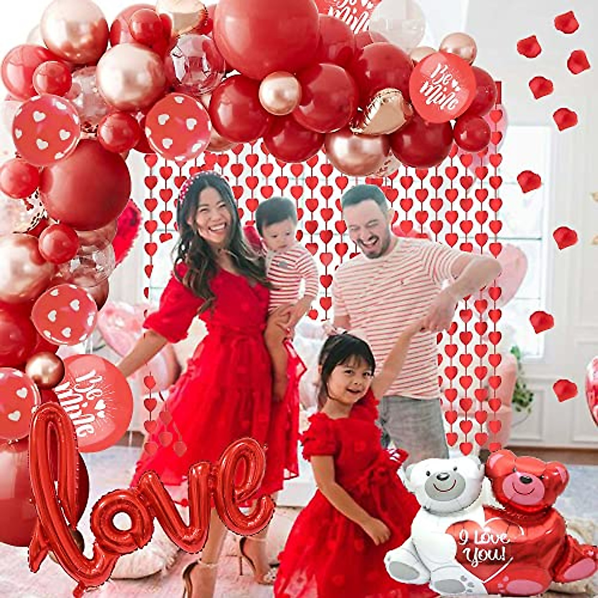 Valentine Day Balloon Decorations Kit, SCMDOTI Valentine Day Balloons Arch Garland with Red Love and Bear Foil balloon,1000pcs Rose Petals for Valentine Day Decorations, Romantic Night, Anniversary
