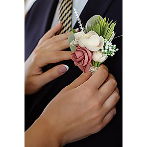 Wedding Wrist Corsage and Boutonniere Set of 6, Dusty Rose Artificial Wristlet Band Flowers for Bride and Bridesmaids, Boutonniere with Pin for Groom and Groomsman, Formal Dress Accessories for Prom