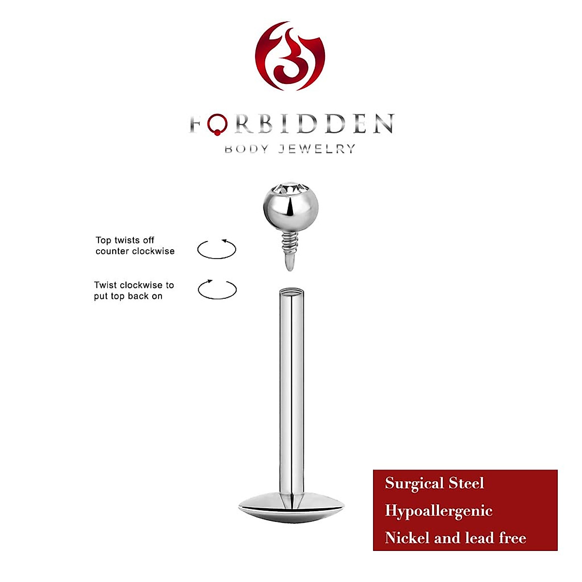 Forbidden Body Jewelry Surgical Steel Internally Threaded Micro CZ Gem Tragus/Labret/Helix Piercing Stud/ 2 Pack: 16G, 10mm with 2mm Top