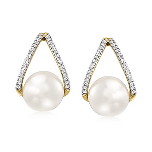 Ross-Simons 8-8.5mm Cultured Pearl and .12 ct. t.w. Diamond Drop Earrings in 14kt Yellow Gold
