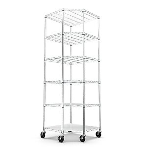 pouseayar 6-Tier NSF Metal Corner Shelf Wire Shelving Unit - 2100lbs Capacity, Adjustable Storage Rack, with Leveling feet/Wheels and Shelf Liners - 27" L x 27" D x 82" H - Pentagonal-Shape - Chrome