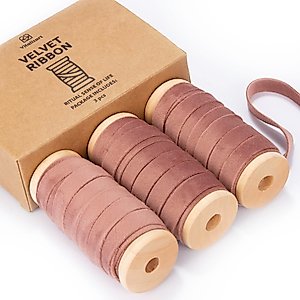 Vitalizart Rose Gold Velvet Ribbon Set 3/8"" x 15 Yd Wooden Spool Fabric Trim 3 Rolls * 5 Yd for Christmas Wreath Decoration Handmade Craft Ornaments Gift Wrapping & Bow Making
