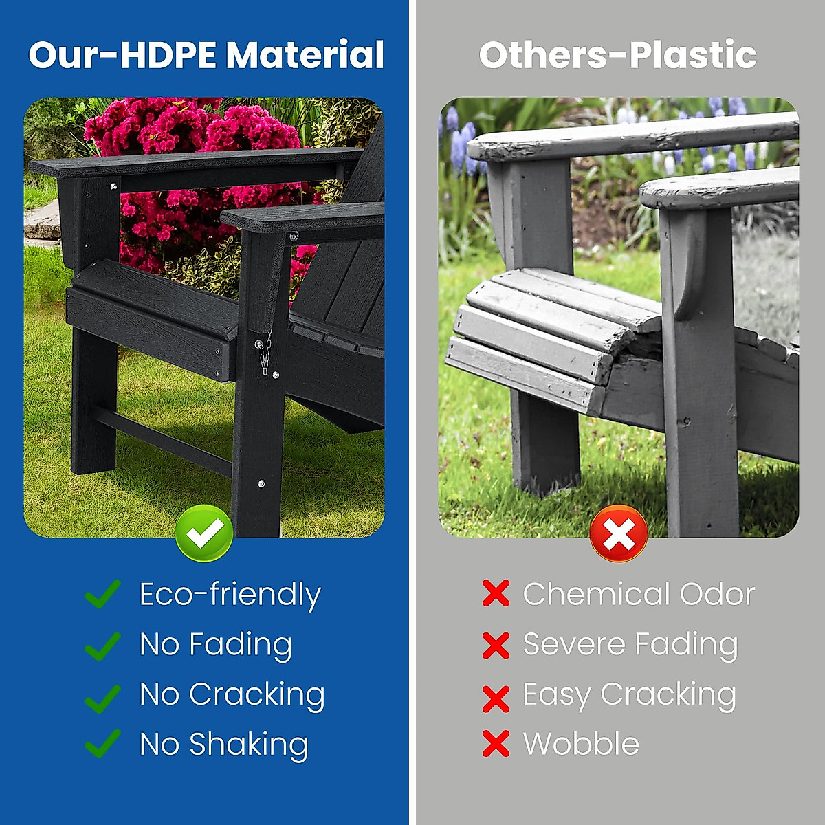 Folding Adirondack Chair with Ottoman Weather Resistant Foldable Fire Pit Chairs with Footrest HDPE Outdoor Adirondack Chair for Patio Front Porch Pool Garden Deck Fire Pit Outside, Black