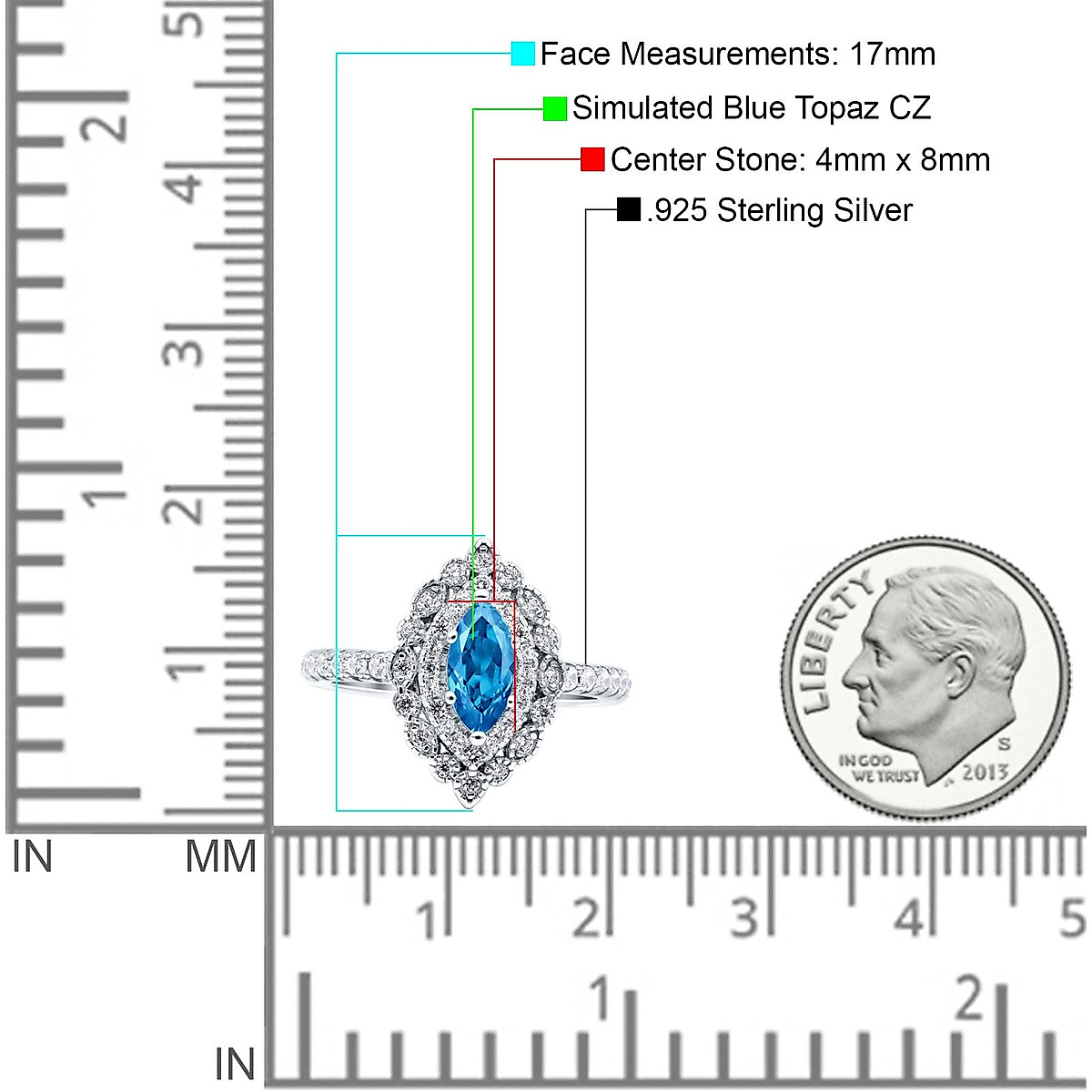 Simulated Blue Topaz CZ Size-7 Halo Vintage Style Art Deco Solitaire Accent Marquise Wedding Engagement Ring Round CZ 925 Sterling Silver