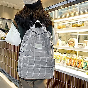 JHTPSLR Light Academia Aesthetic Backpack Plaid Preppy Backpack Teen Girls Book Bags Back to School Backpack Supplies (Light Grey)