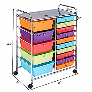 Giantex 15-Drawer Organizer Cart Office School Storage Cart Rolling Drawer Cart for Tools, Scrapbook, Paper (Multicolor)