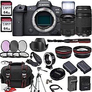 Canon EOS R5 Mirrorless Camera w/RF 24-105mm f/4-7.1 is STM Lens + EF 75-300mm f/4-5.6 III Lens + 2X 64GB Memory + Hood + Case + Filters + Tripod & More (35pc Bundle)