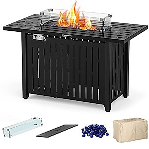EMBRANGE Gas Fire Pit 43 Inch Propane Fire Pits, Pulse Ignition 50,000 BTU Steel Fire Pit with Glass Wind Guard, Waterproof Cover,Glass Stone, Add Ambience to Gatherings on Patio Garden Backyard