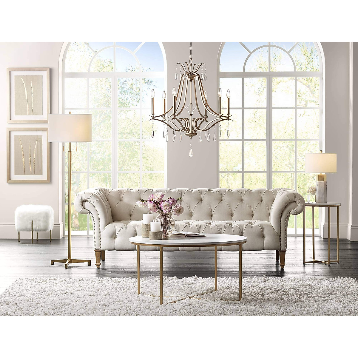 Possini Euro Design Encino Modern Glam Luxe Floor Lamp Standing 60" Tall Antique Brass Gold Metal Tripod Base Off-White Fabric Drum Shade Decor for Living Room Reading House Family Bedroom Home