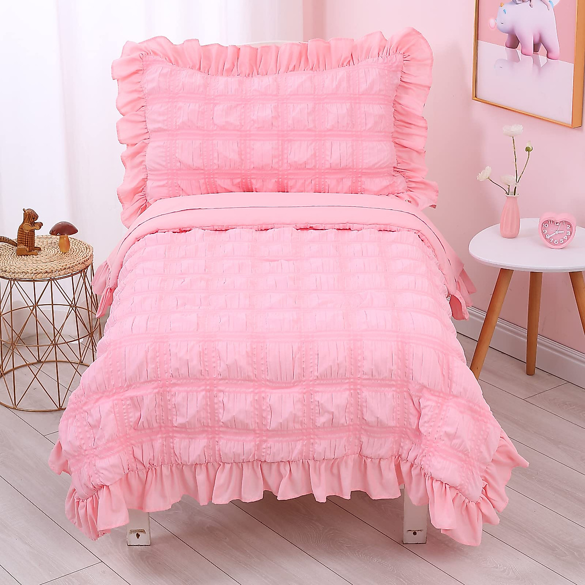 Cloele 4 Pieces Toddler Bedding Set for Girls - Solid Seersucker Toddler Sheet Set with Ruffle Fringe Includes Quilt Fitted Sheet Flat Sheet Pillowcase - Girls Pink Toddler Comforter & Sheet Set