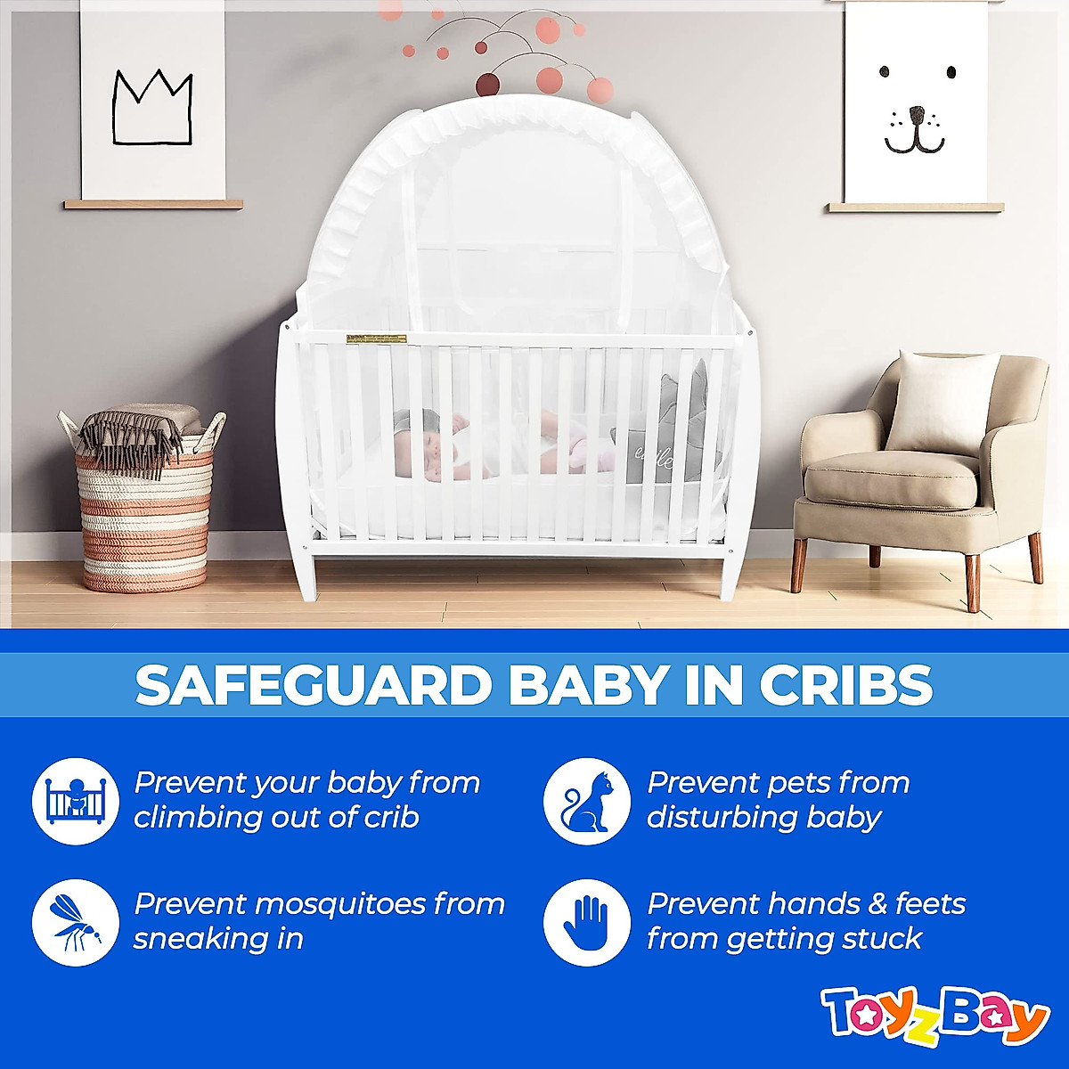 ToyzBay Crib Net to Keep Baby in-Crib Tent to Keep Baby from Climbing Out- Pop Up Crib Mosquito Net Tents Cover- Baby Crib Netting- Baby Safety Crib Tent